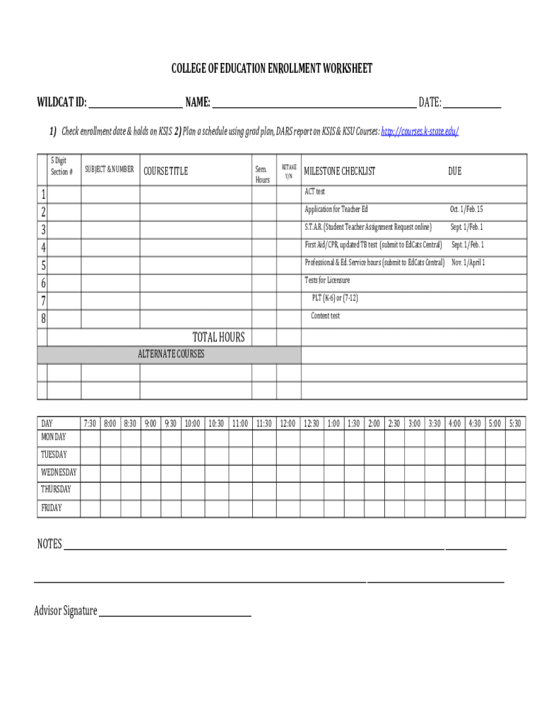 Fillable Online coe ksu college of education enrollment worksheet Fax ...