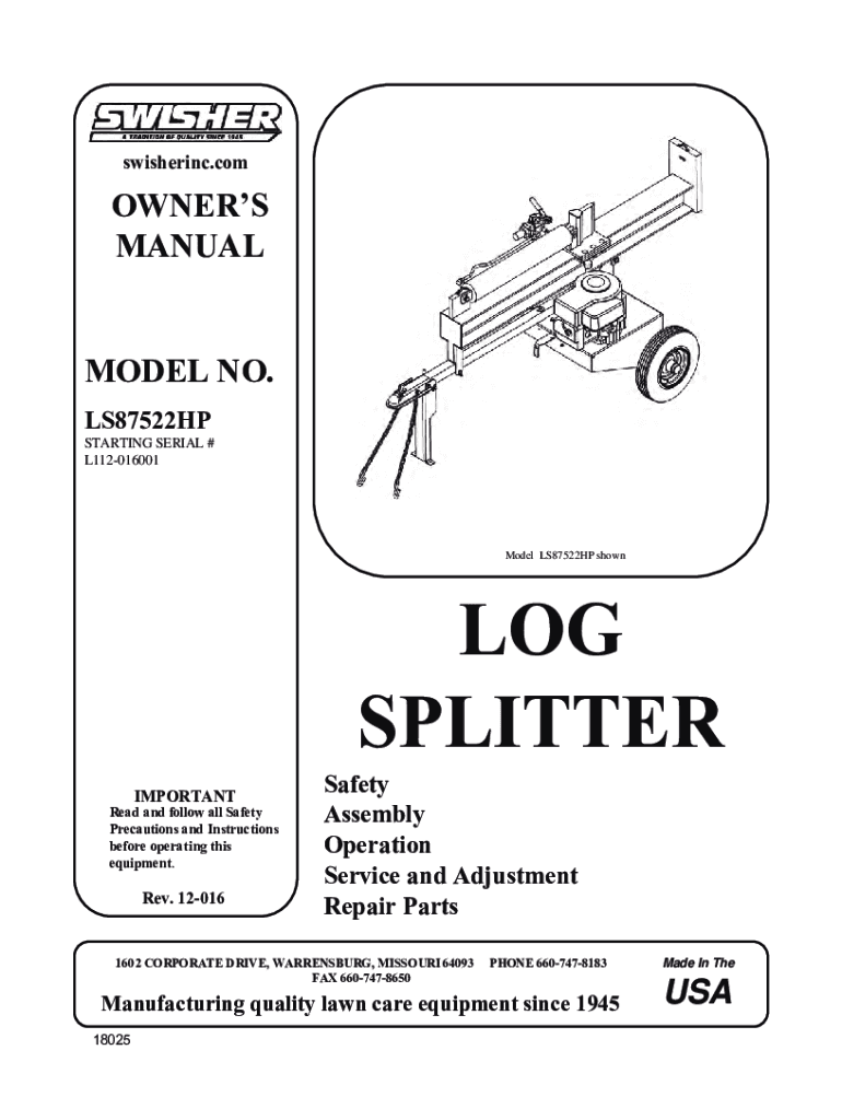 Fillable Online Swisher LS10528H : Log Splitter Owner's Manual Fax Email Print - pdfFiller