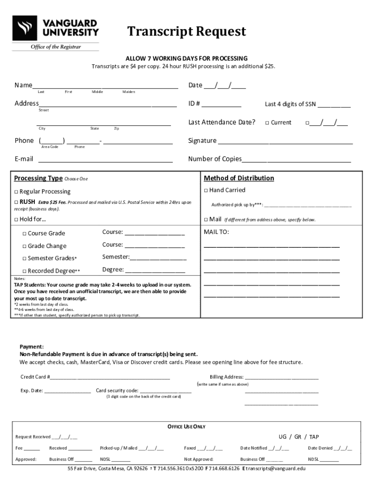 Fillable Online How long will a standard or rush transcript request ...