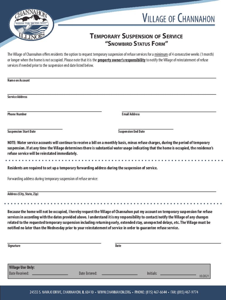 Fillable Online temporary suspension of service - snowbird status form ...