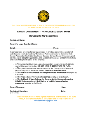 Fillable Online ACKNOWLEDGEMENT FORM Borussia Del Mar Soccer ... Fax ...