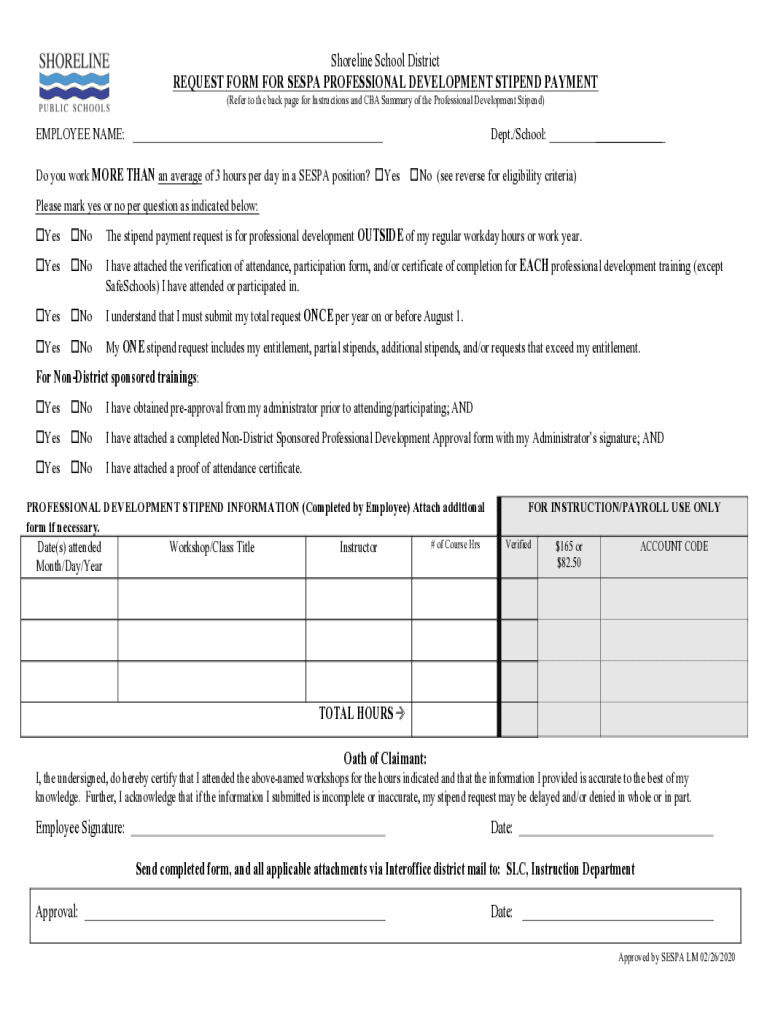 Fillable Online Shoreline School District REQUEST FORM FOR SESPA ...