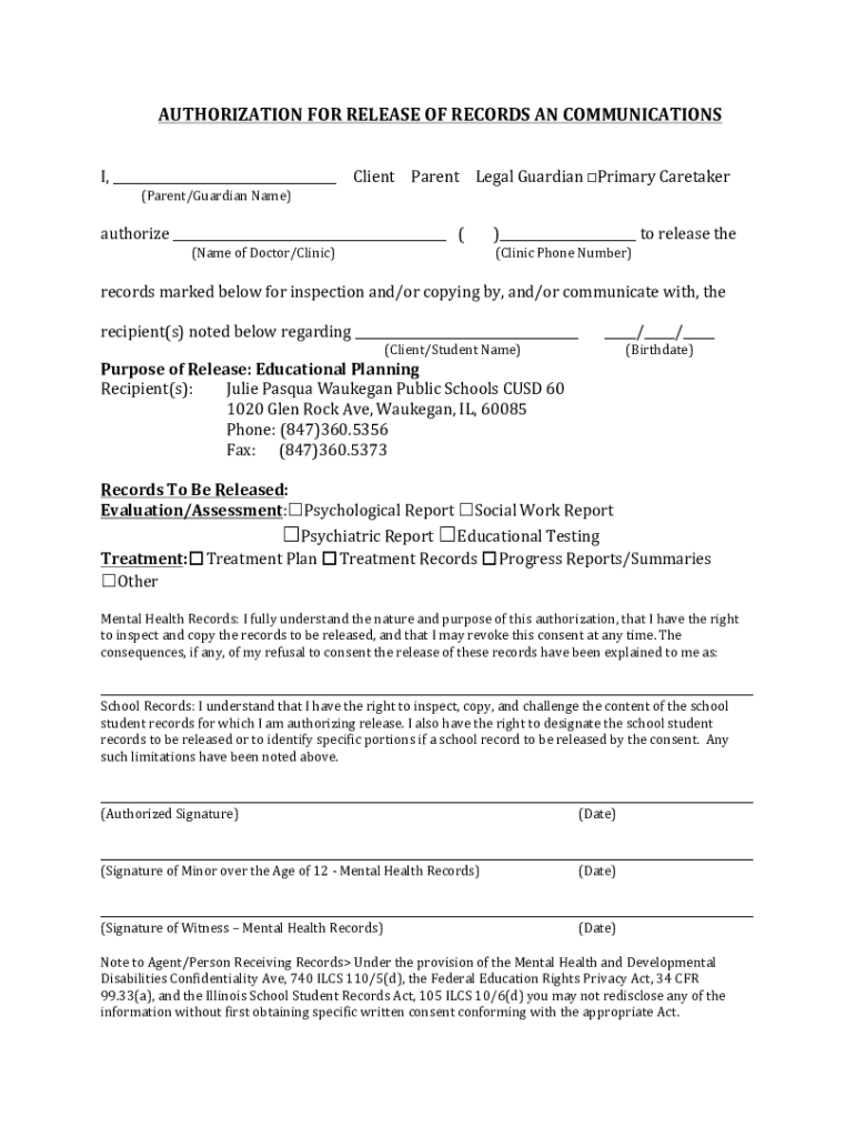 Fillable Online AUTHORIZATION FOR RELEASE OF RECORDS AN COMMUNICATIONS ...