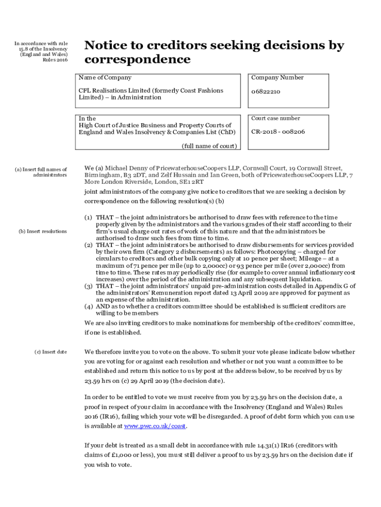 Fillable Online Rule 15.18 request by creditors for a decision (company ...