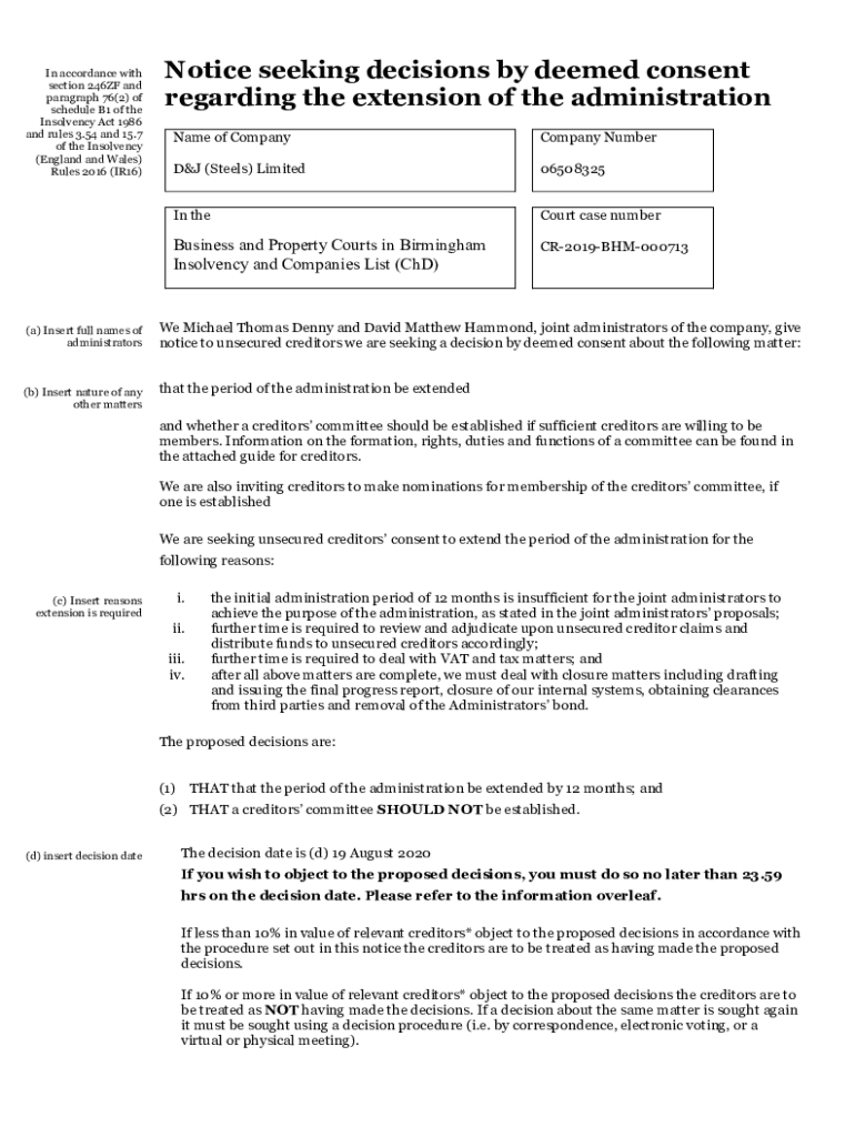 Fillable Online D&J decision procedure - Notice of extension by deemed ...