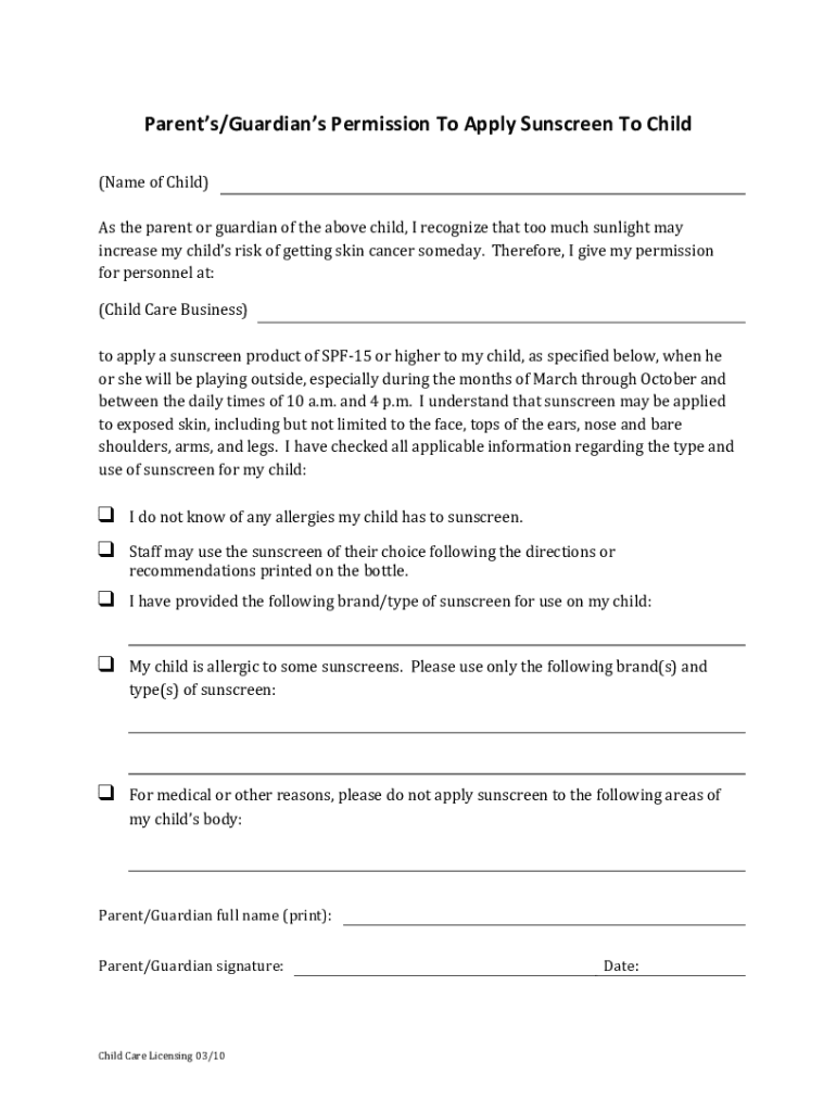 Fillable Online Parents/GuardiansPermissionToApplySunscreenToChild Fax ...
