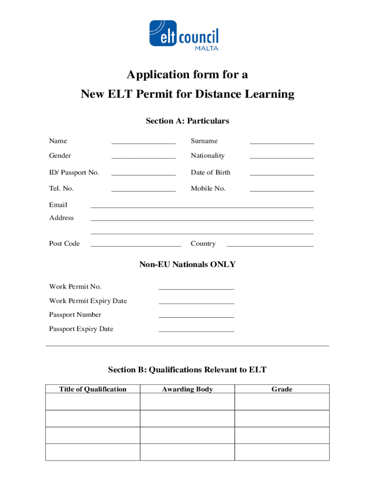 Fillable Online eltcouncil gov Application form for a New ELT Permit for Distance Learning Fax ...
