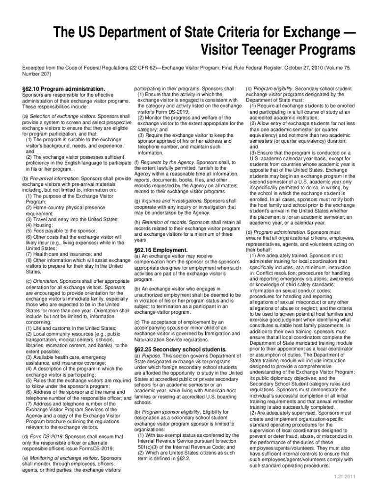 Fillable Online 22 CFR Part 62 -- Exchange Visitor Program Fax Email ...