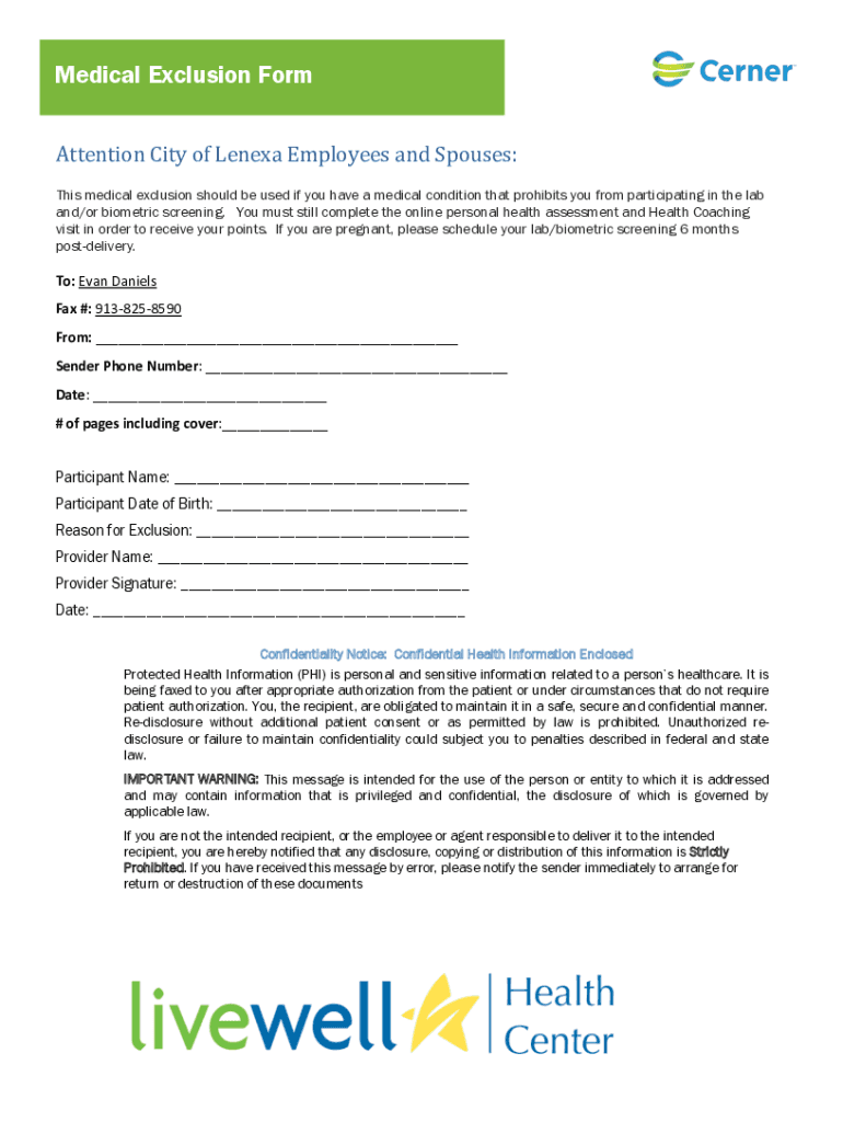 Fillable Online Medical Exclusion Form - Attention City of Lenexa ...