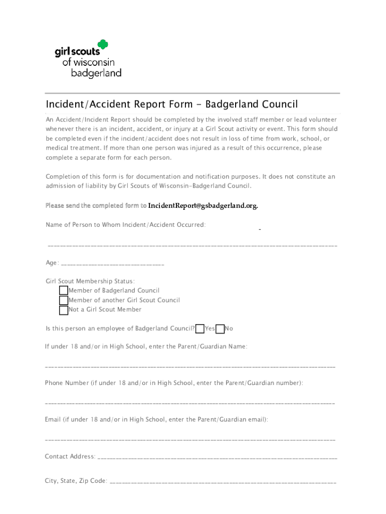Fillable Online Incident/Accident Report FormGirl Scouts of Western Ohio Fax Email Print - pdfFiller