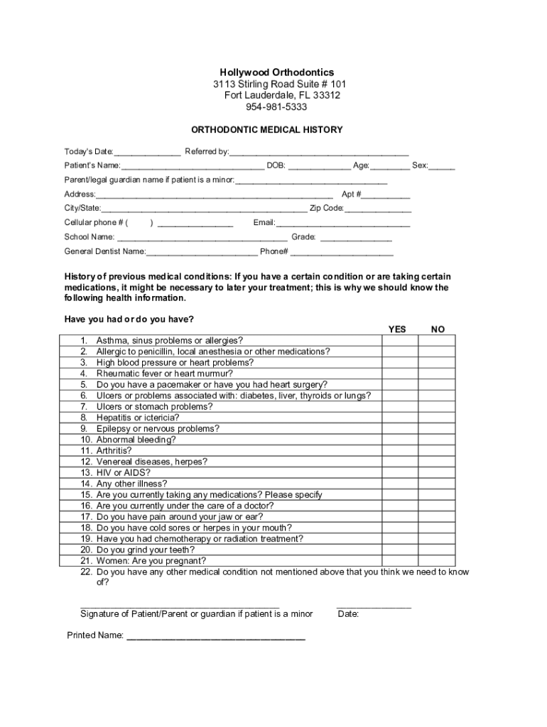 Fillable Online Hollywood Orthodontics 3113 Stirling Road Suite # 101 ...