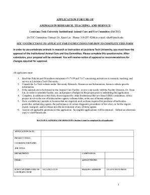 Fillable Online Application for Use of Animals in Research, Teaching ...