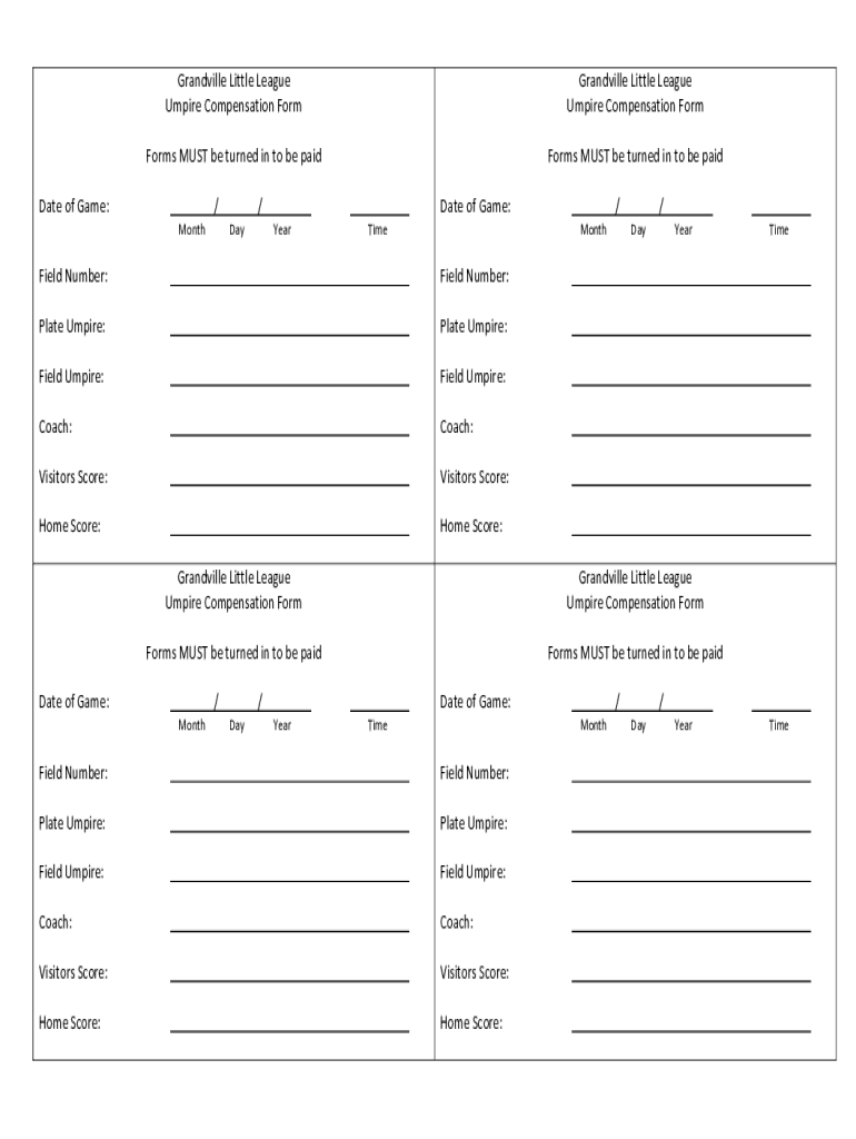 Fillable Online Grandville Little League Umpire Compensation Form ...