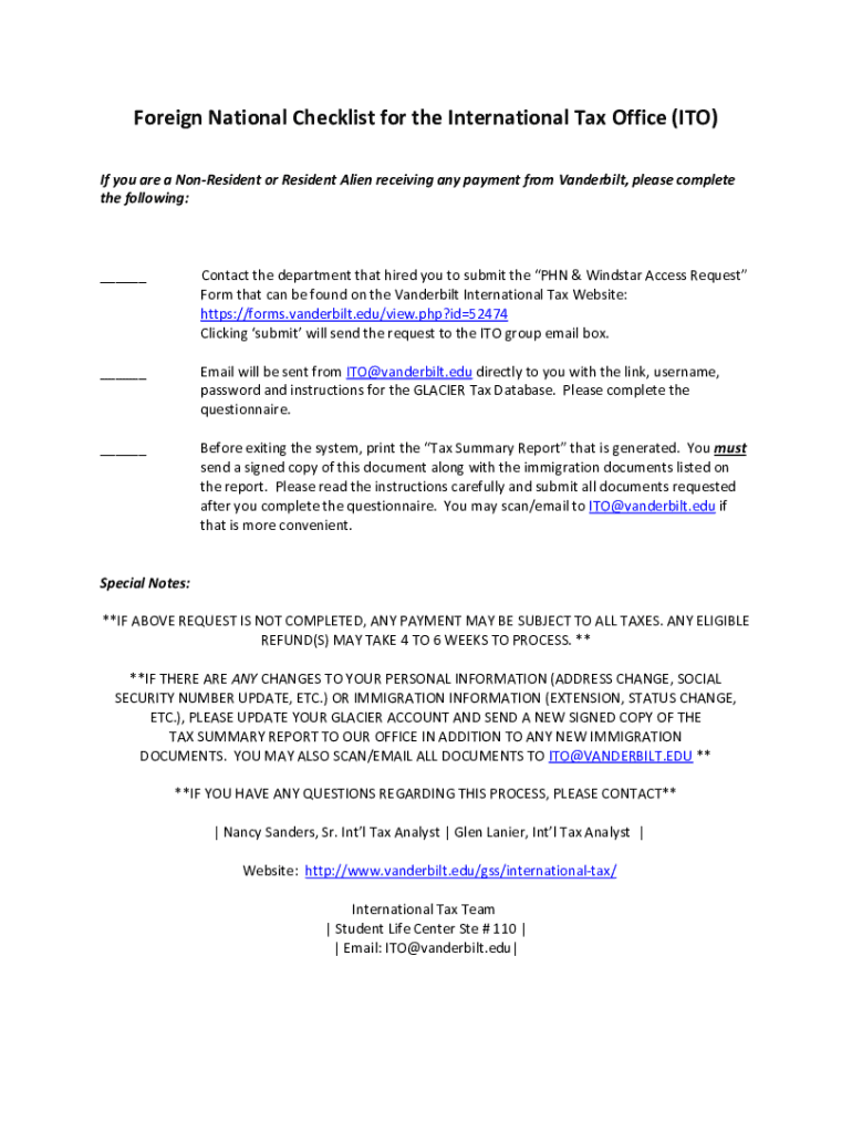 Fillable Online Foreign National Checklist for the International Tax ...