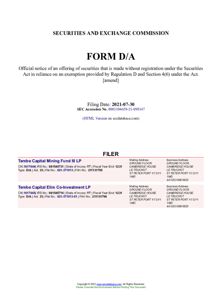 Fillable Online Tembo Capital Mining Fund III LP Form D/A Filed 2021-07 ...