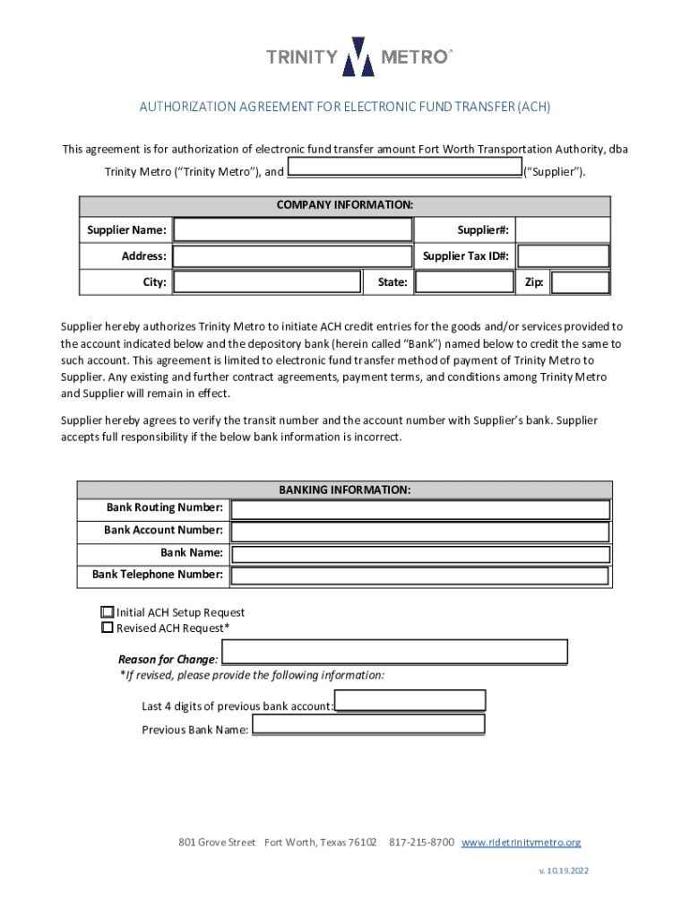 Fillable Online This agreement is for authorization of electronic fund ...