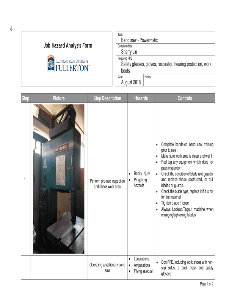 Fillable Online ehs fullerton JHA Formal Form - Band Saw. JHA Formal ...