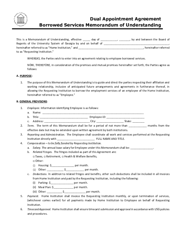 Fillable Online faculty gsu Dual Appointment AgreementBorrowed Services ...