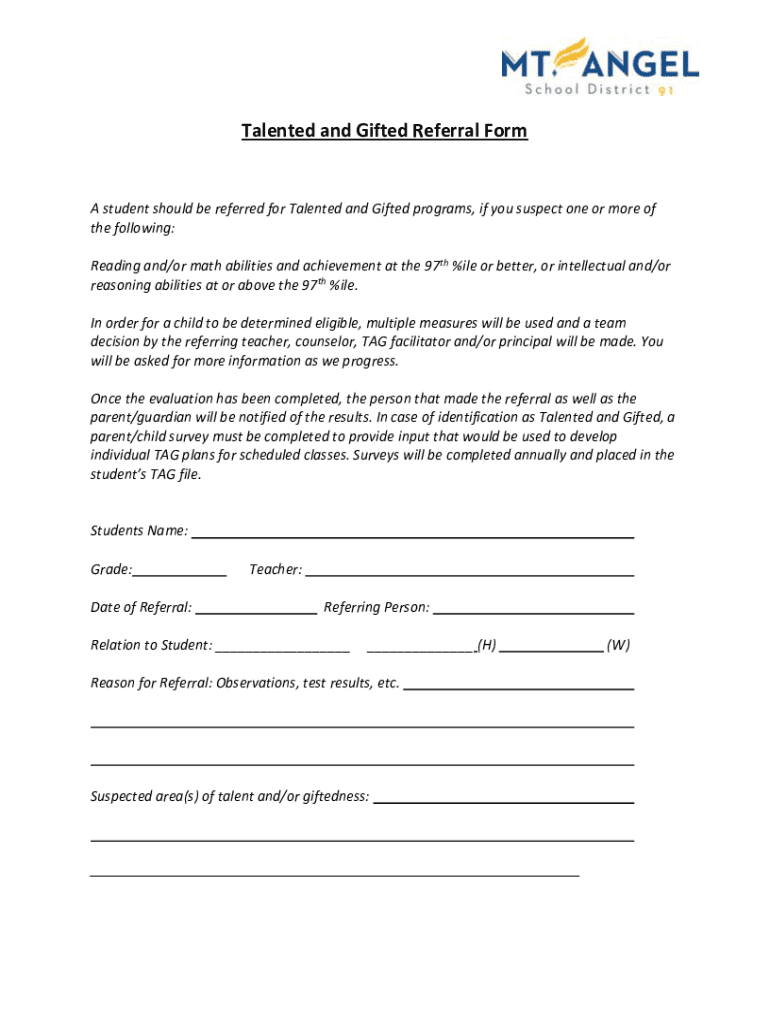 Fillable Online Talented and Gifted Referral Form Fax Email Print - pdfFiller