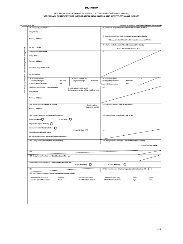 Fillable Online veterinarski certifikat za bih veterinary certificate ...