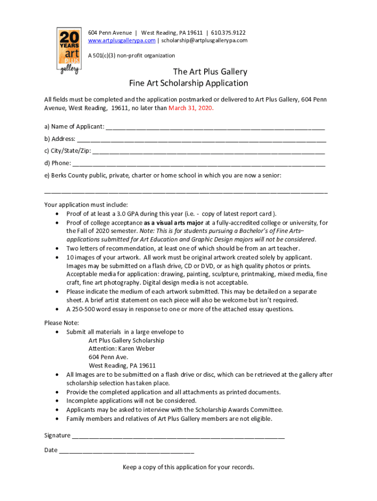 Fillable Online The Art Plus Gallery Fine Art Scholarship Application ...