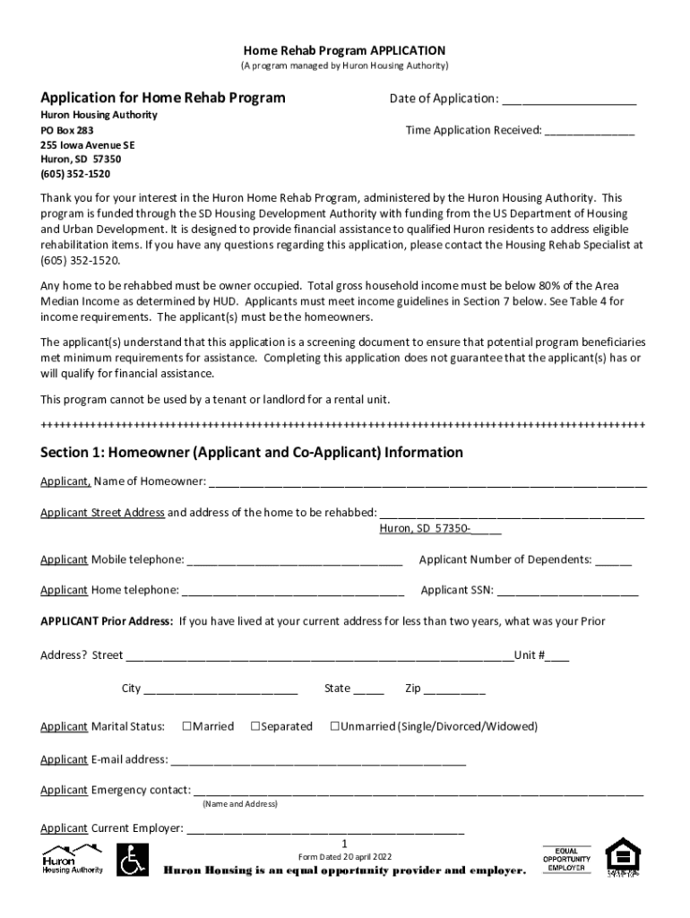 Fillable Online Application for Home Rehab Program Section 1: Homeowner ...