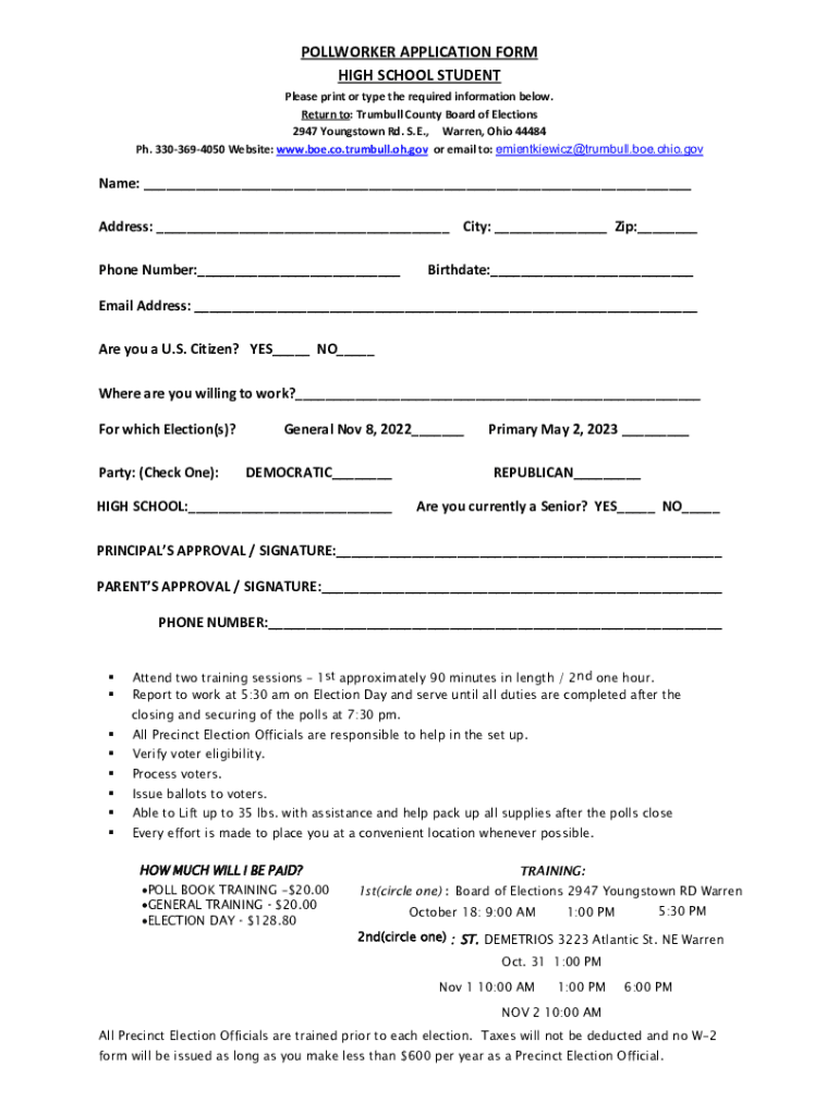 Fillable Online POLLWORKER APPLICATION FORM HIGH SCHOOL ... Fax Email ...