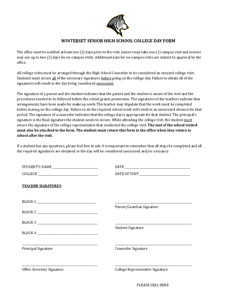 Fillable Online WINTERSET SENIOR HIGH SCHOOL COLLEGE DAY FORM Fax Email Print - pdfFiller