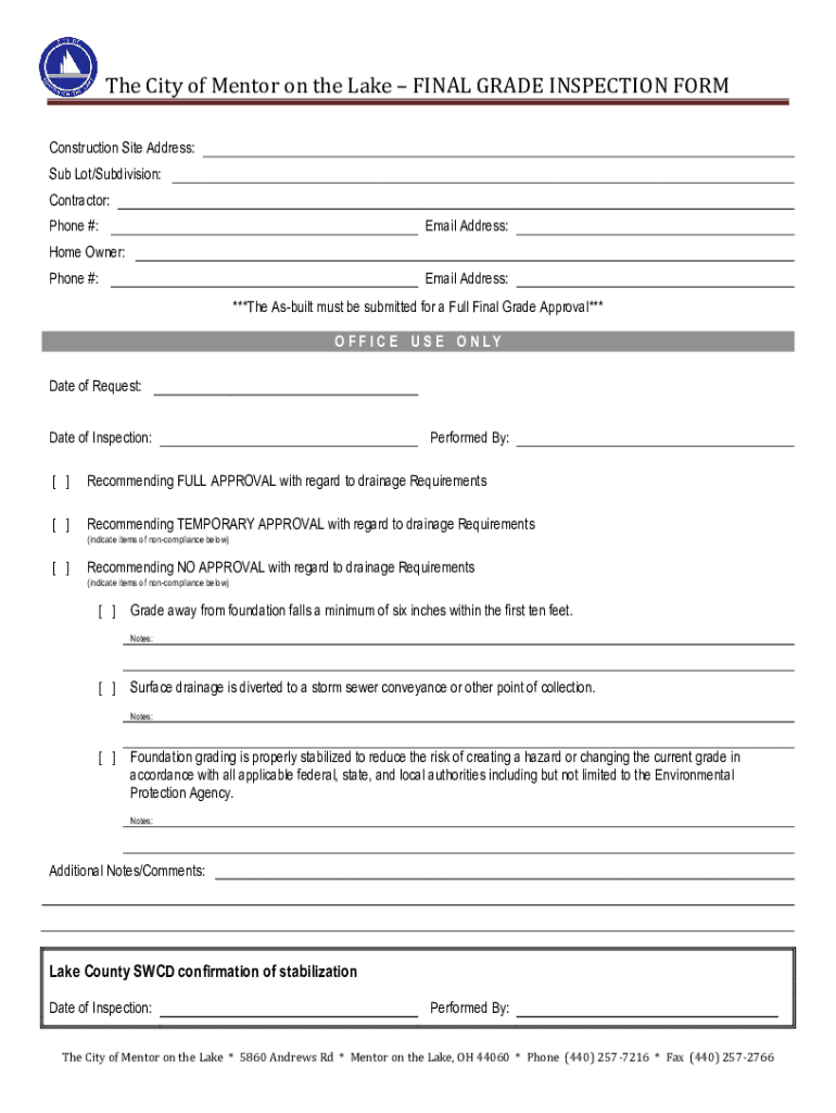 Fillable Online The City of Mentor on the LakeFINAL GRADE INSPECTION ...