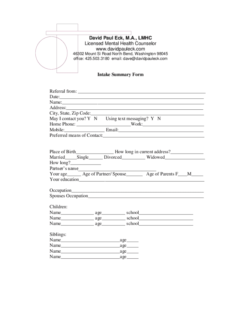 Fillable Online Intake Summary Form Fax Email Print - pdfFiller