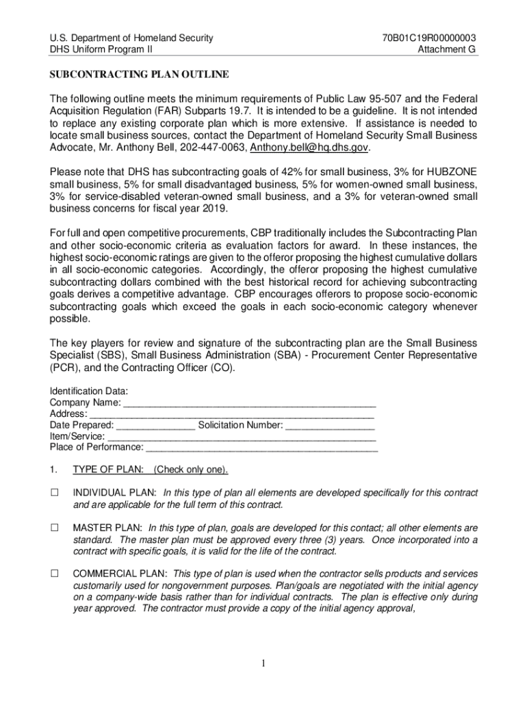 Fillable Online The Subcontracting Plan Outline is used as a guide for ...