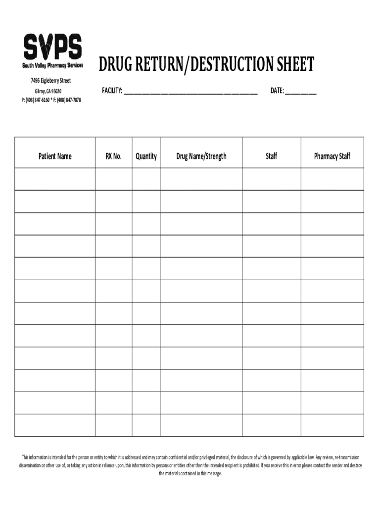 Fillable Online DRUG RETURN/DESTRUCTION SHEET Fax Email Print - pdfFiller