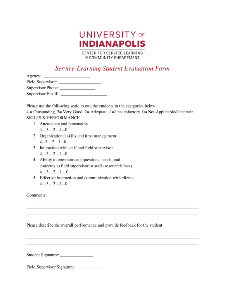 Fillable Online Service-Learning Student Evaluation Form - University ...