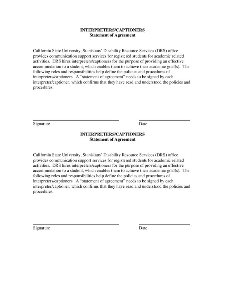 Fillable Online INTERPRETERS/CAPTIONERS Statement of Agreement Fax ...