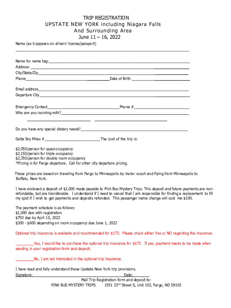 Fillable Online Registration form Up State New York. Upstate New York ...