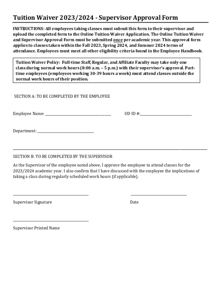 Fillable Online Tuition Waiver: Supervisor Approval Form Fax Email ...