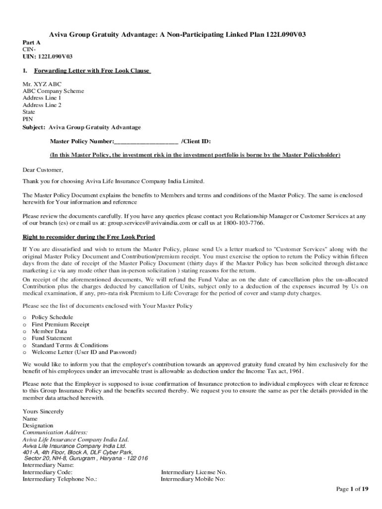 Fillable Online Fillable Online 1. Forwarding Letter with Free Look ...