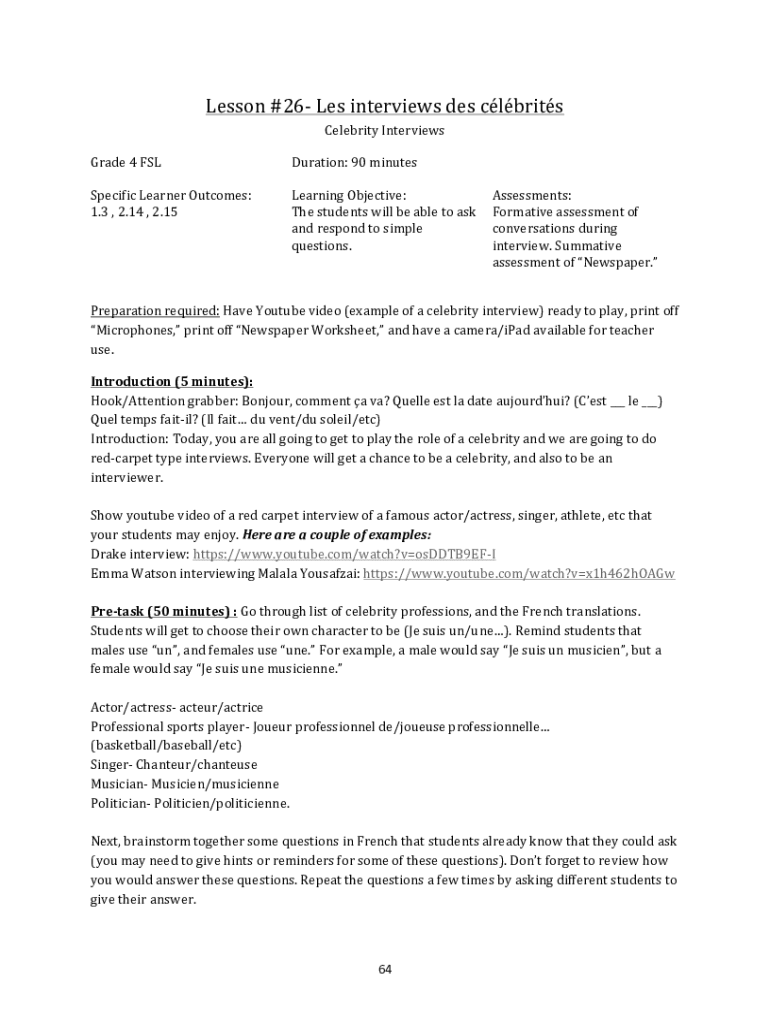 Fillable Online Lesson 26- Les interviews des clbrits (Celebrity ...