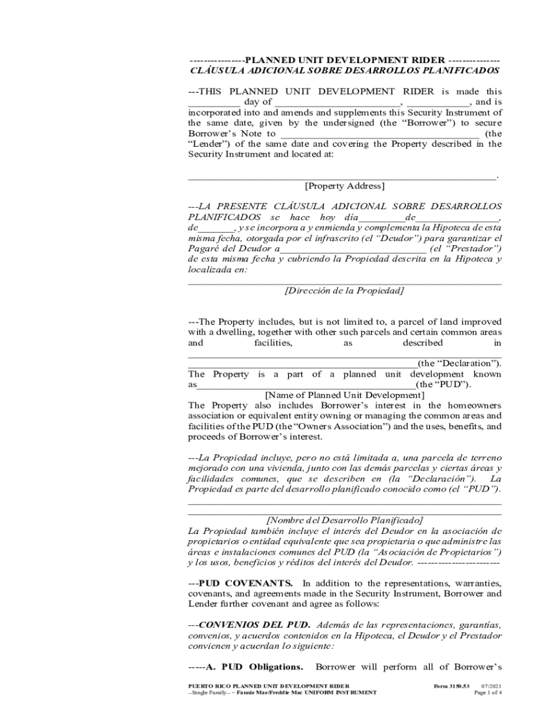 Completable En línea Puerto Rico PUD Rider (Form 3150.53): Word Fax ...