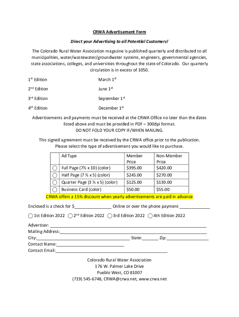 Fillable Online CRWA Advertisement Form Fax Email Print - pdfFiller