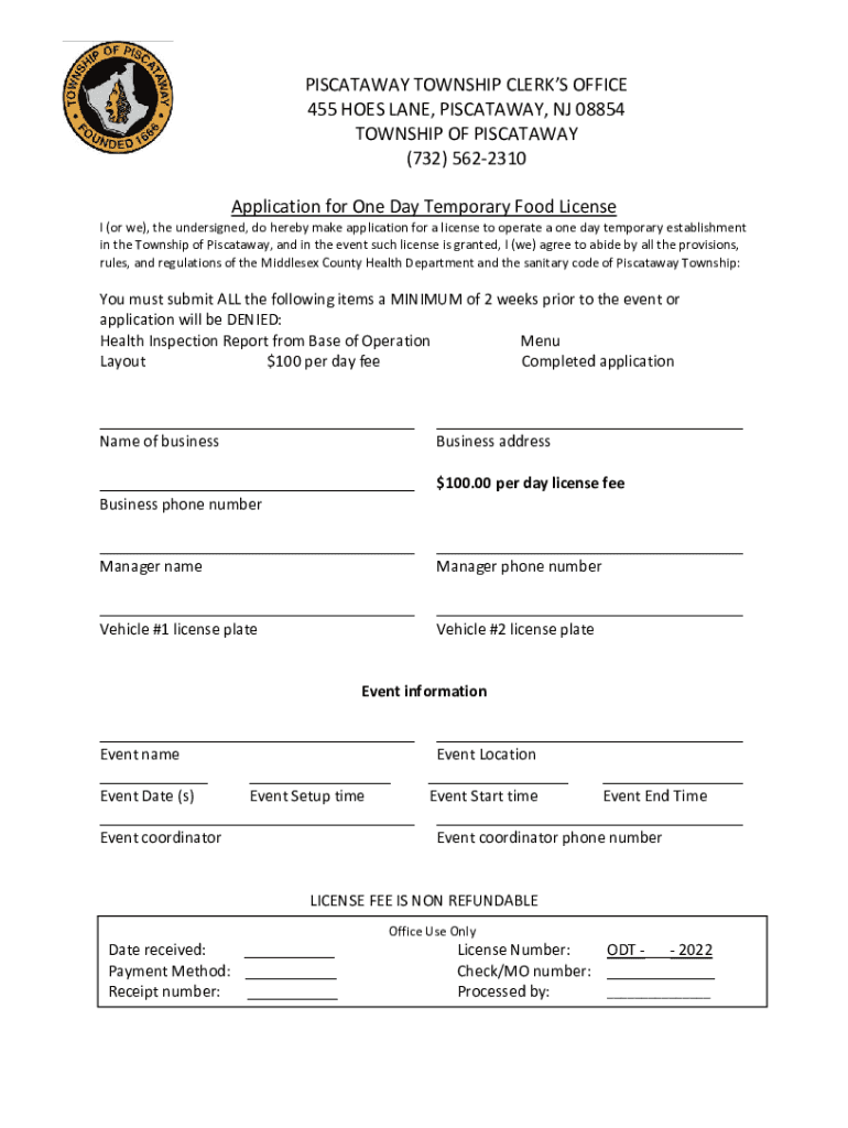 Fillable Online Application for One Day Temporary Food License Fax ...