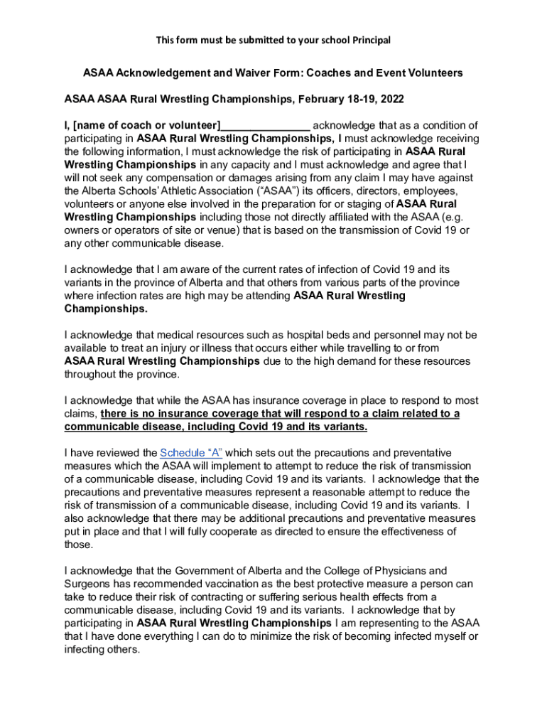 Fillable Online ASAA Acknowledgement and Waiver FormRural Wrestling ...