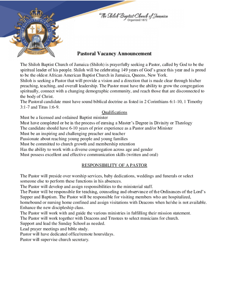 Fillable Online Shiloh Baptist Church Pastoral Job Announcement Fax ...
