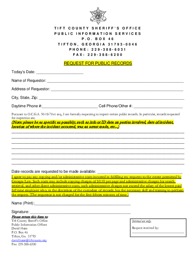 Fillable Online Tift County GA, Sheriff's Department, Jails and Offender Search Fax Email Print ...