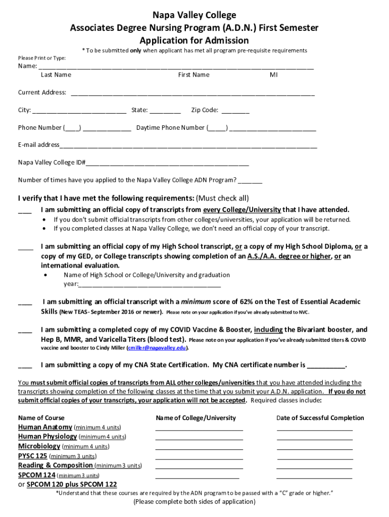 Fillable Online napa valley college associate degree nursing (adn) program Fax Email Print ...