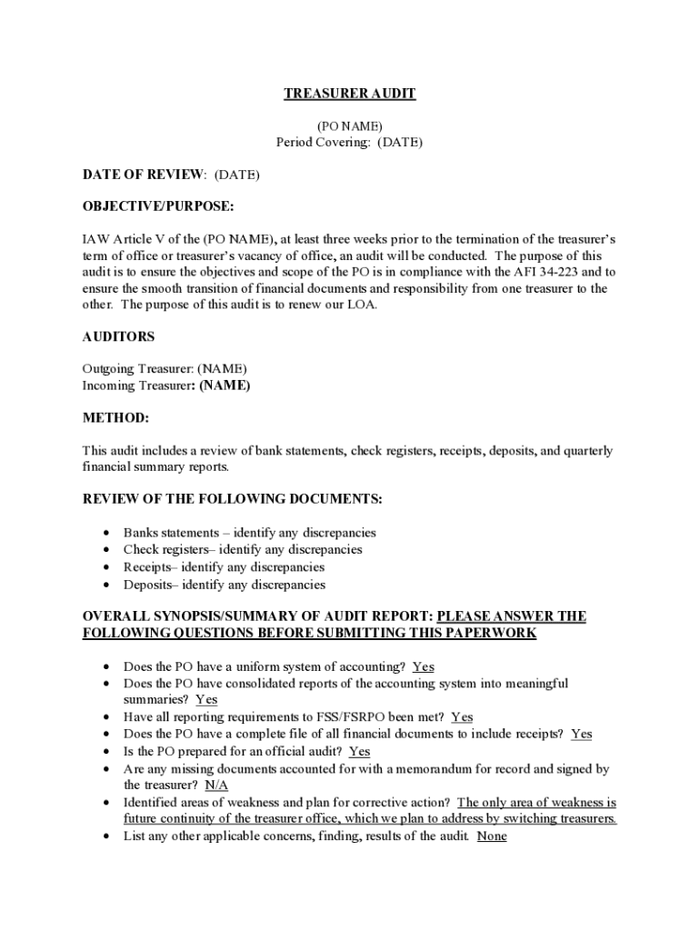 Fillable Online Transfer of Treasurer Audit.doc Fax Email Print - pdfFiller
