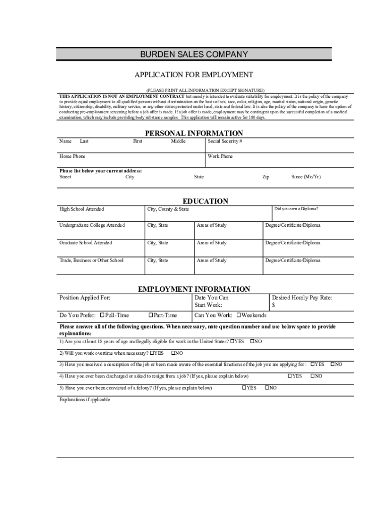 Fillable Online burden sales company - application for employment Fax ...