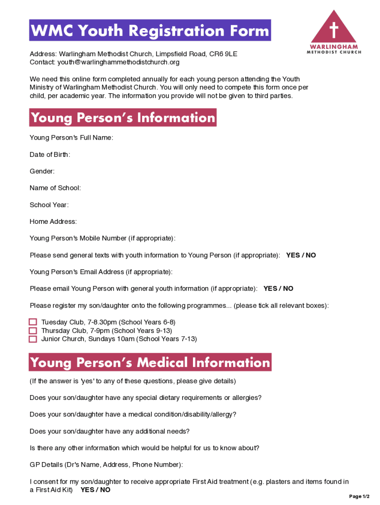 Fillable Online WMC Youth Registration Form Fax Email Print - pdfFiller