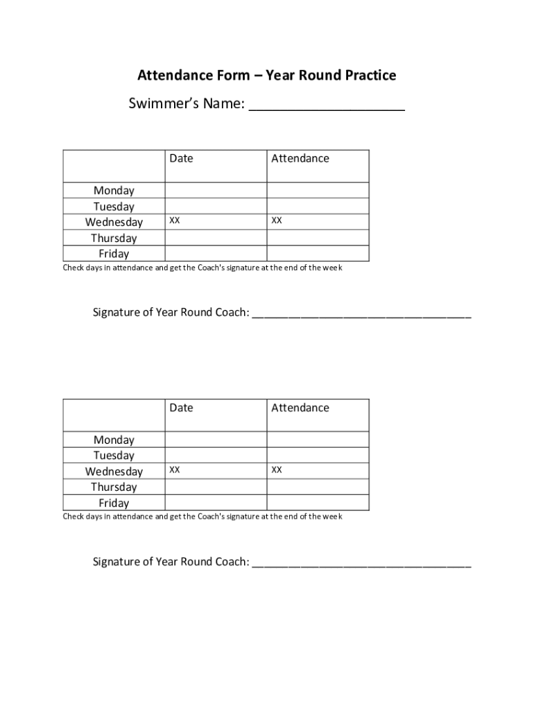 Fillable Online Attendance FormYear Round Practice Swimmer's Name Fax Email Print - pdfFiller