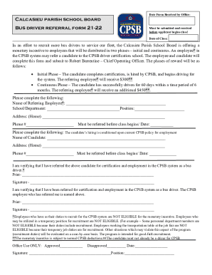 Fillable Online Calcasieu parish school board Bus driver referral form ...